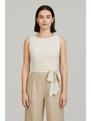 Buy Cider Beige Linen Blend Solid Knotted Backless Crop Top (S) Online