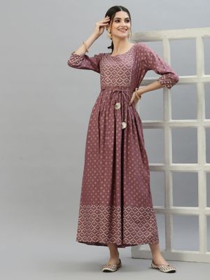 Buy Stylum Womens Gold and Khari Printed Rayon Flared Long Ethnic Dress ...