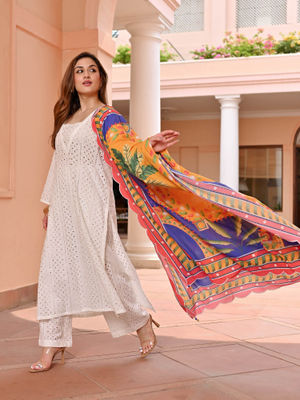 Buy Bunaai White Cotton Schiffli Suit Set (Set of 3) (S) Online