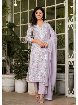 Buy Hatheli Womens Cotton Floral Printed Handwork Kurta with Pant and ...