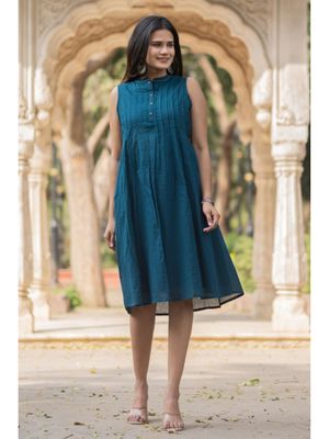 Buy Bada Boota Sea Blue Cotton Solid Midi Dress Online