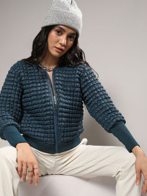 Buy Campus Sutra Women Teal Blue Creased Ripple Quilted Puffer Jacket ...