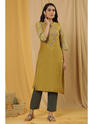 Buy W Yellow Festive Solid Viscose Straight Kurta with Parallel Pant ...