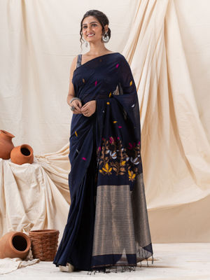 Buy Angoshobha Traditional Navy Blue Cotton Soft Jamdani Saree with ...