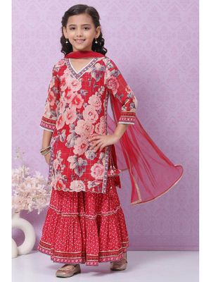 Buy Biba Berry Red Floral Printed Kurta Sharara (set Of 3) Online