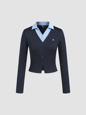 Buy Cider Collar Patchy Embroidery Button Long Sleeve Top (S) Online