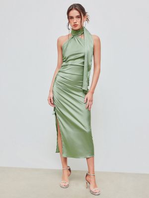 Buy Cider Satin Halter Solid Drawstring Ruched Split Midi Dress (XXS) Online