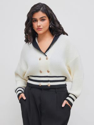 Buy Cider Knitted Collar Solid Button Contrasting Binding Cardigan Curve & Plus (0XL) Online