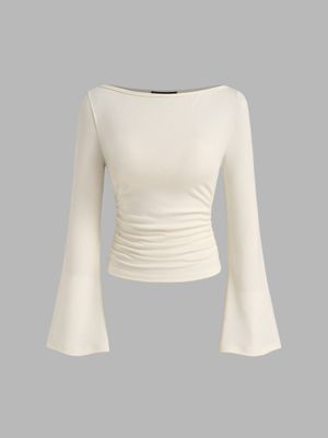Buy Cider Boat Neck Solid Ruched Long Sleeve Tee (XXS) Online