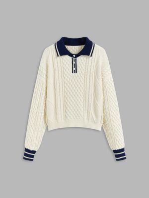 Buy Cider Cable Knit Polo Collar Solid Contrasting Binding Sweater (XS) Online