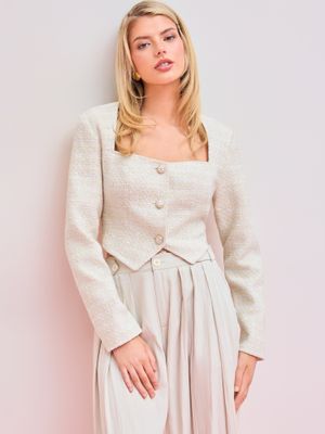 Buy Cider Tweed Square Neck Solid Button Crop Jacket (XS) Online