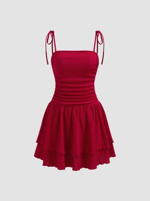 Buy Cider Square Neck Solid Ruched Knotted Layered Mini Dress (XXS) Online
