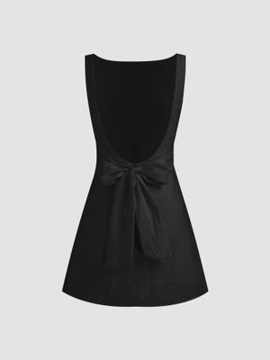 Buy Cider Linen-blend Boat Neck Solid Knotted Backless Mini Dress (XXS) Online