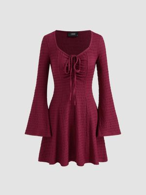 Buy Cider V-neck Solid Knotted Long Sleeve Mini Dress (XS) Online