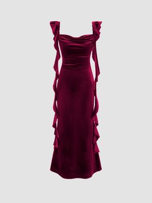 Buy Cider Velvet Cowl Neck Solid Ruffle Hem Maxi Dress (XXS) Online