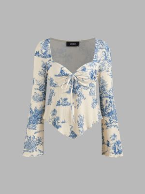 Buy Cider V-neck Toile de Jouy Knotted Long Sleeve Crop Top (XS) Online