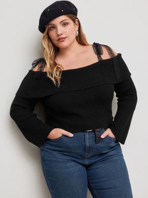 Buy Cider Knit Off-shoulder Solid Lace Knotted Long Sleeve Crop Top Curve & Plus (0XL) Online