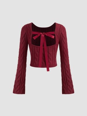 Buy Cider Cable Knit Round Neckline Solid Bowknot Long Sleeve Crop Top (XS) Online