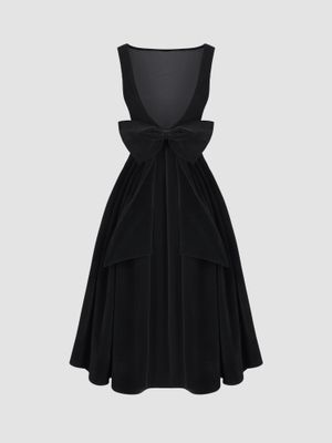 Buy Cider Velvet Boat Neck Bowknot Backless Midi Dress (XXS) Online