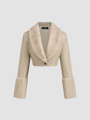 Buy Cider Faux Leather Solid Button Crop Jacket With Faux Fur Collar (S) Online