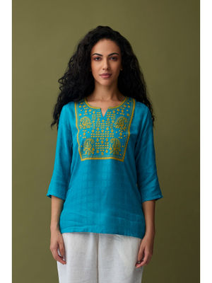 Buy Bombay Bloom Turquoise Jacquard Embroidered Tunic Online
