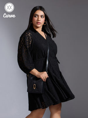 Buy Twenty Dresses by Nykaa Fashion Curve Party Black Lace V Neck Fit ...
