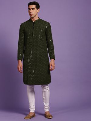 Buy Sanwara Mens Mehndi Sequins with Chikankari Wedding Kurta with ...