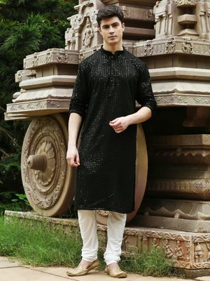 Buy Sanwara Mens Olive Sequins with Chikankari Wedding Kurta with ...