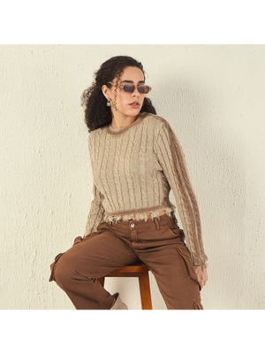 Buy Madame Beige Cable Knit Fawn Crop Sweater (S) Online