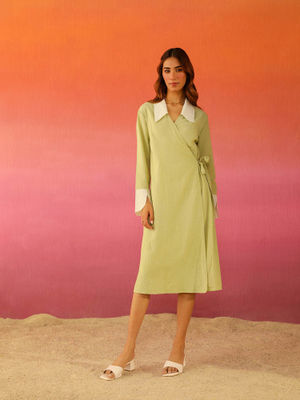 Buy COSSET CLOTHING Green Matcha Kulfi Linen Dress Online