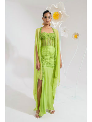 Buy Muskan Aggarwal Amaris Green Embellished Dress and Cape (Set of 2 ...