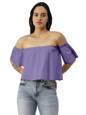 Buy Moomaya Women Boxy Fit Poplin Solid Purple Top online