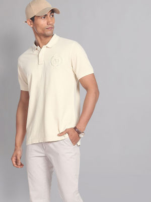 Buy AD By Arvind Embroidered Logo Cotton Polo Shirt Beige online