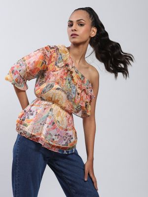 Buy Label Ritu Kumar One Shoulder Printed Short Top Online