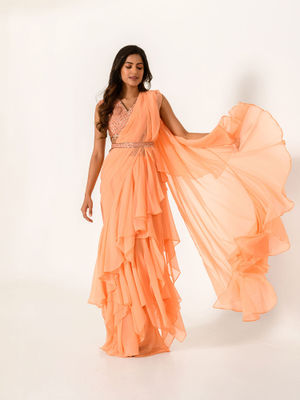 Buy Pasha India Embellished Orange Chiffon Ruffle Saree with Stitched ...