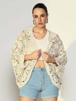 Buy SHOWOFF Edition Women's Solid Cream Crochet Shrug (XS) Online