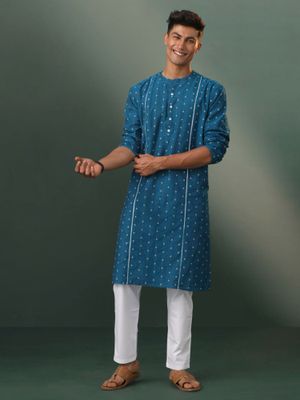 Buy Vastramay Mens Turquoise with White Cotton Kurta and Pyjama (Set of ...