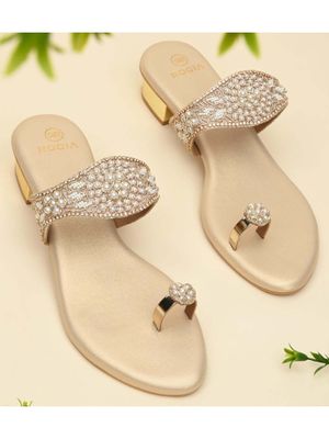 Buy ROCIA Women Gold One Toe Embroidered Sandals Heels (EURO 35) Online