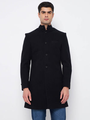 Buy Okane Navy Blue Solid Tweed Elastane Band Neck Coat online