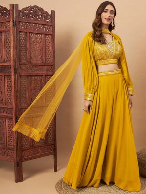 Buy Chhabra 555 Bright Haldi Embellished Crop Top Palazzo with Cape ...