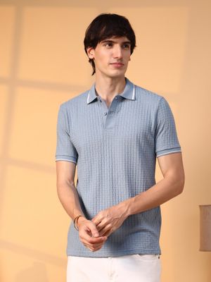 Buy CAHOOT Men Powder Blue Interweave Textured Polo T-Shirt Online