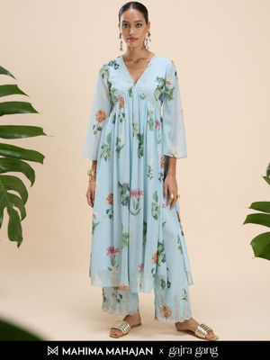 Buy Gajra Gang Mahima Mahajan Blue Yoke Embroidered Kurta with Pant ...
