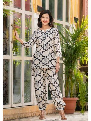 Buy Zari Jaipur Cream Printed Sequined Three Fourth Sleeves Tunic and ...