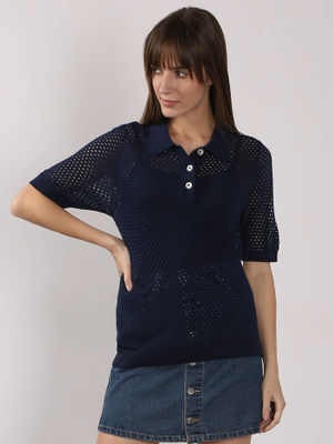Buy VERO MODA Women Blue Self Design Polo T-Shirt (XS) Online