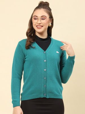 Buy Monte Carlo Womens Solid Turquoise V Neck Full Sleeve Cardigan (S) Online