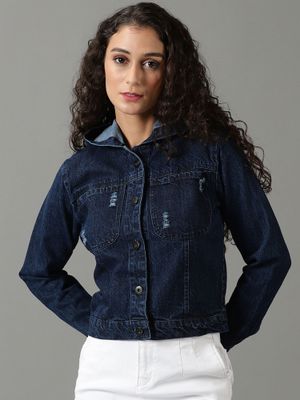 Buy SHOWOFF Womens Solid Navy Blue Hooded Regular Denim Jacket Online