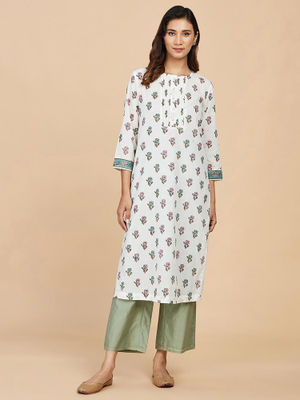 Buy Fabindia White Cotton Hand Block Printed Long Kurta Online