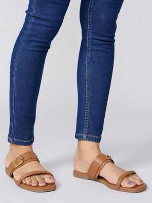 Buy Twenty Dresses by Nykaa Fashion Tan Dual Strap Buckle Slider Flats ...