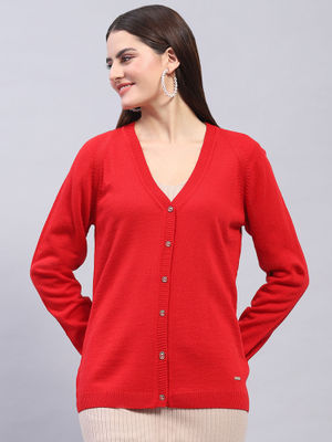 Buy Monte Carlo Womens Red Solid V Neck Full Sleeve Wool Blend Cardigan ...