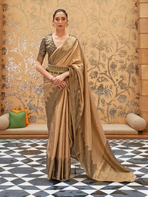 Buy Odette Gold Woven Design Silk Blend Handloom Saree for Women with ...